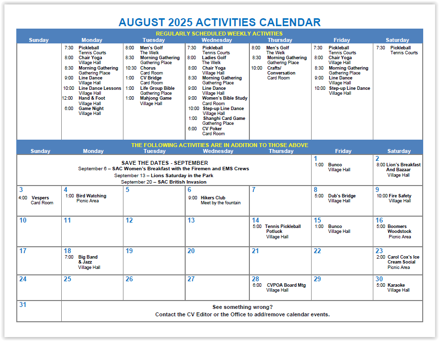 CV Monthly Activities Calendar - CVPOA